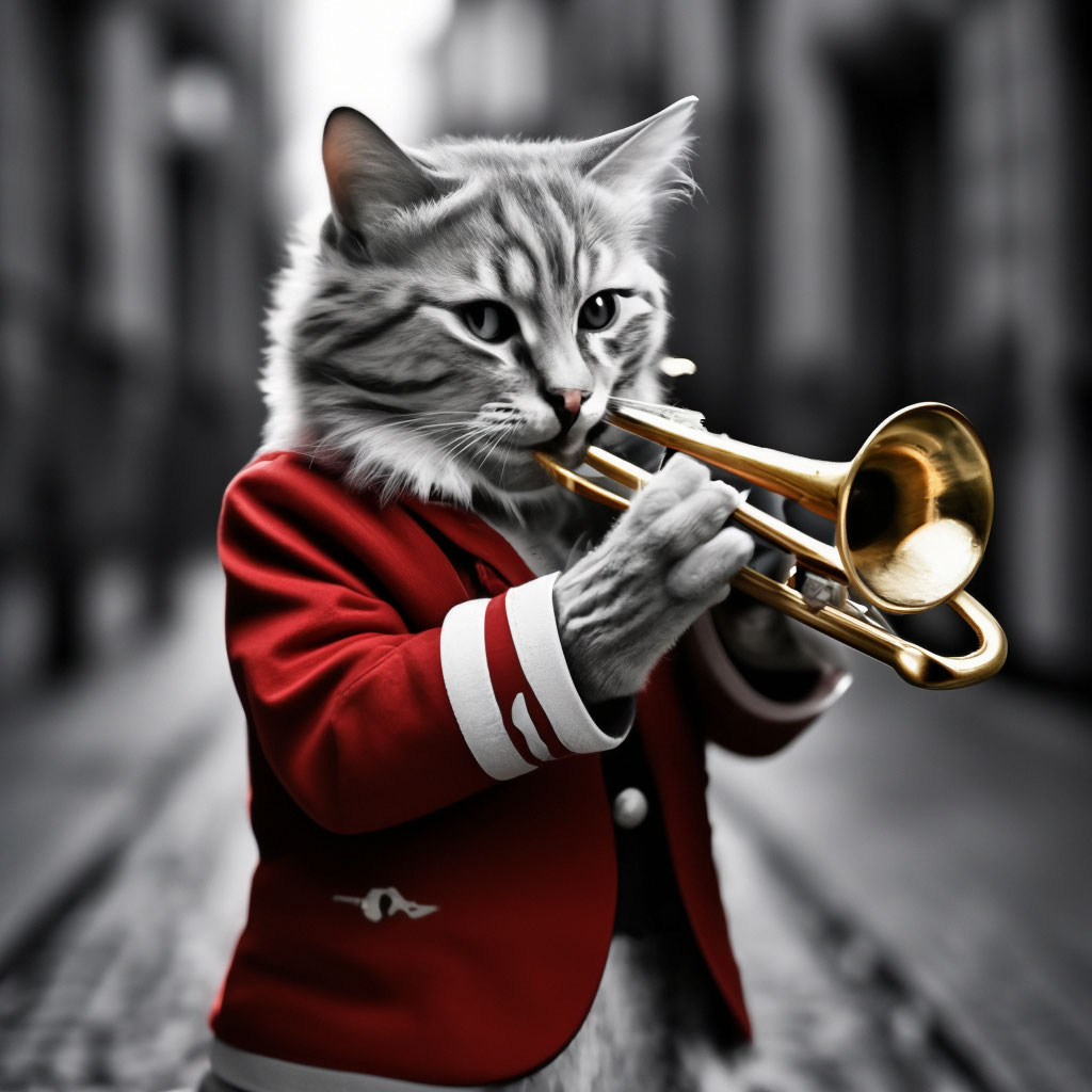 "The cat plays the trumpet" — image created in Shedevrum