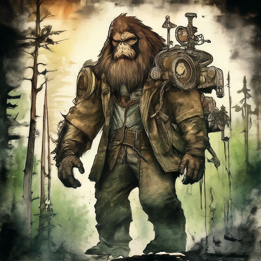"Steampunk, fantastic hybrid very cute, creep bigfoot, walking through ...