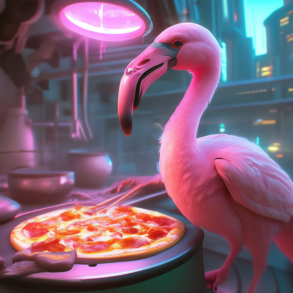 "Pink flamingo cooks pizza" — image created in Shedevrum