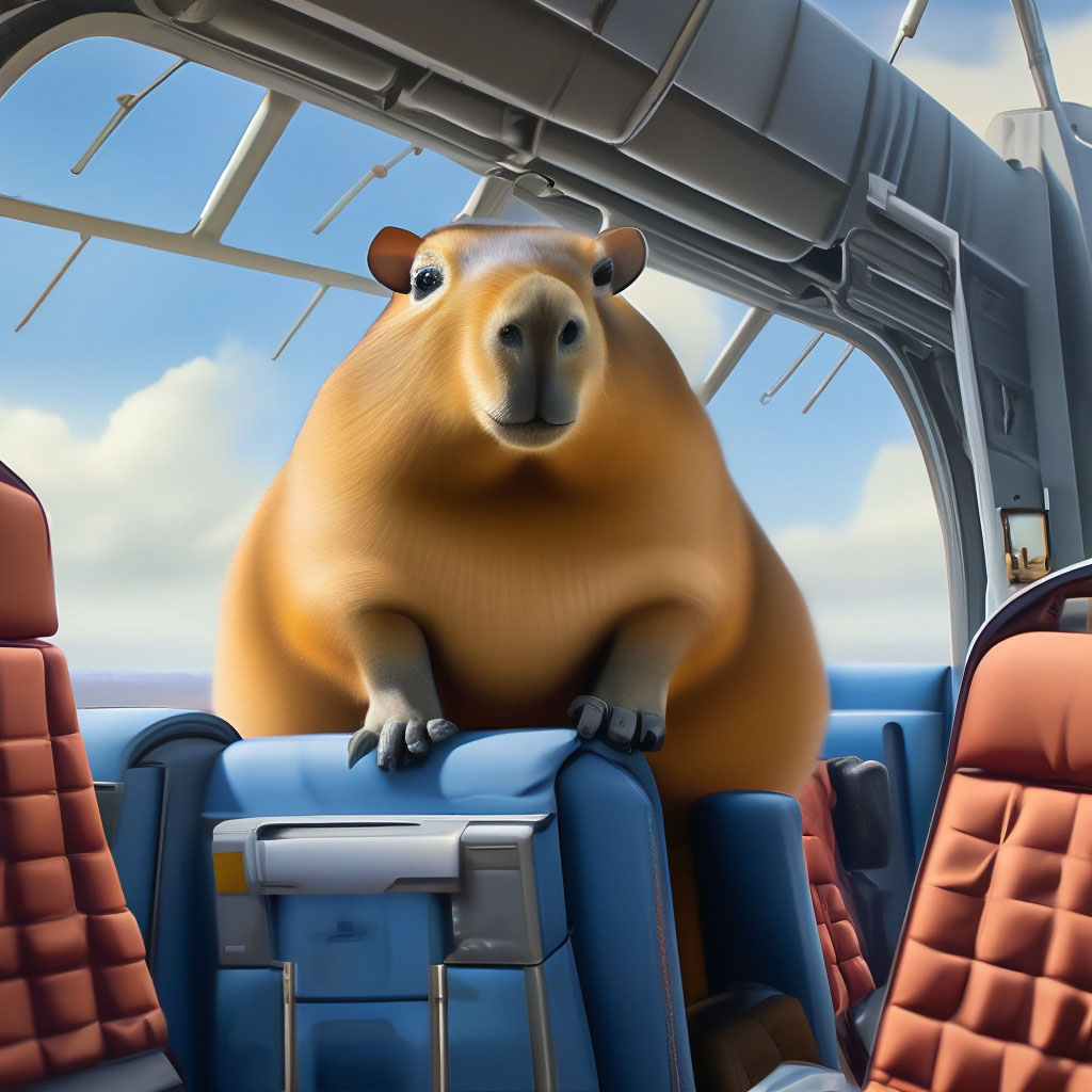 "A very fat capybara sits on the roof of an airplane" — image created ...