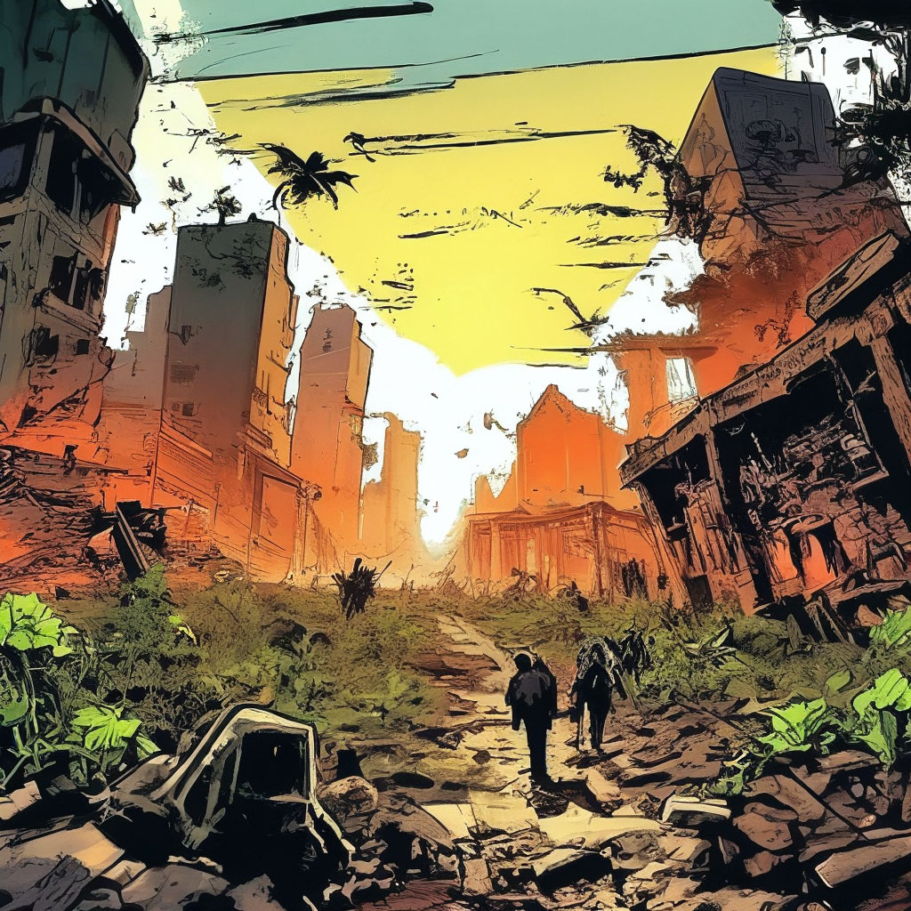 "Apocalypse, city, ruins, plants, mutants, comic style" — image created ...