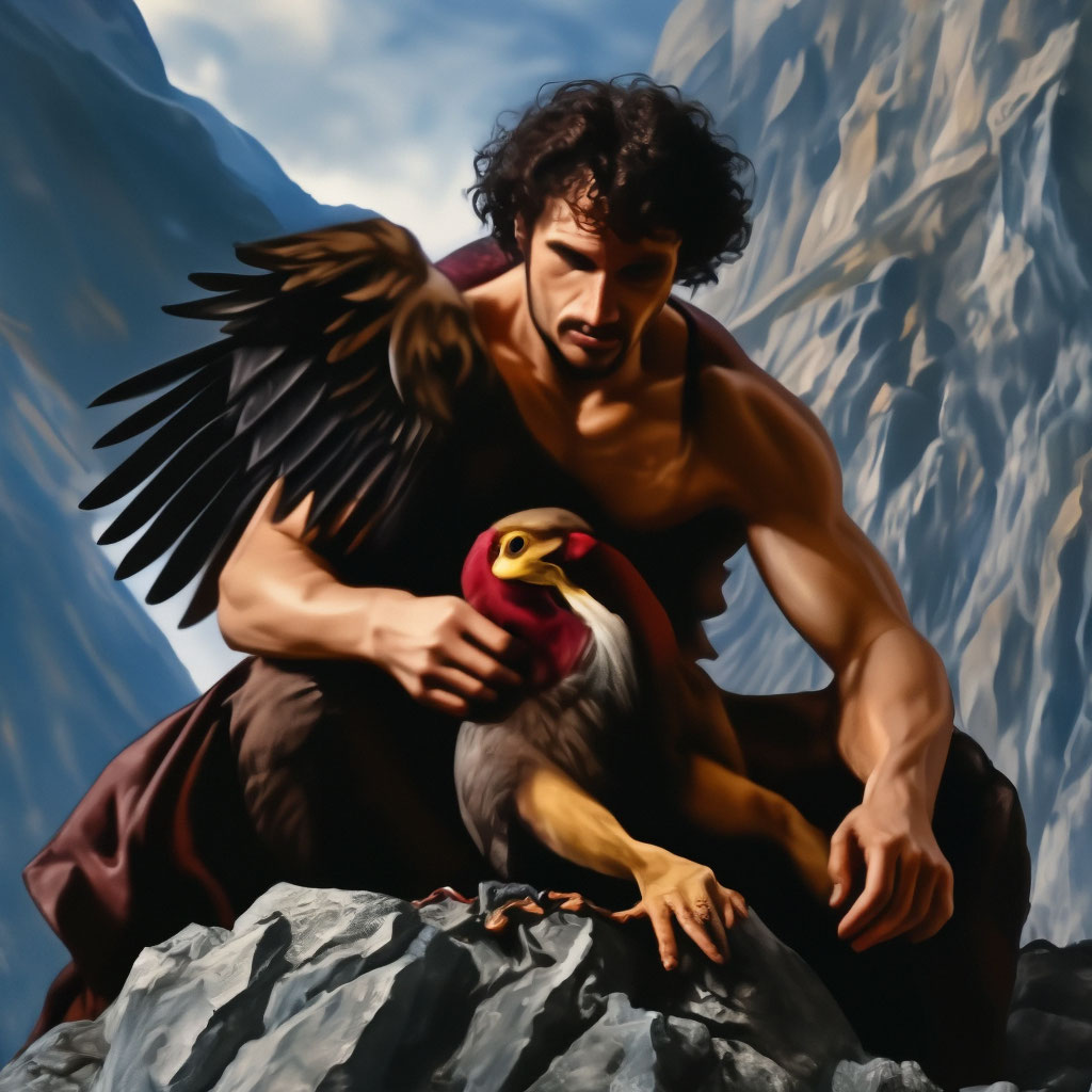 "Prometheus on the rock feeds the eagle liver" — image created in Shedevrum