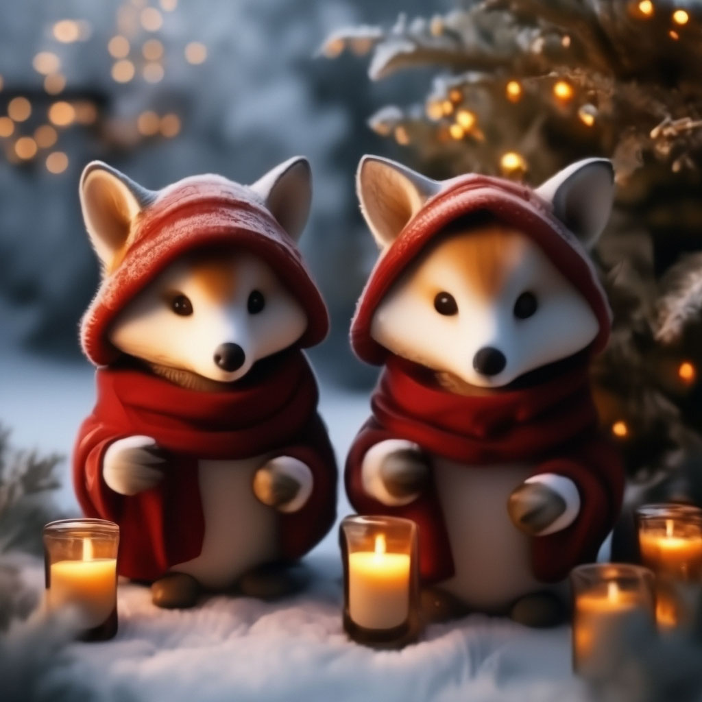 "A Christmas tree,two crypt chanterelles in scarves, drinking wine, it ...