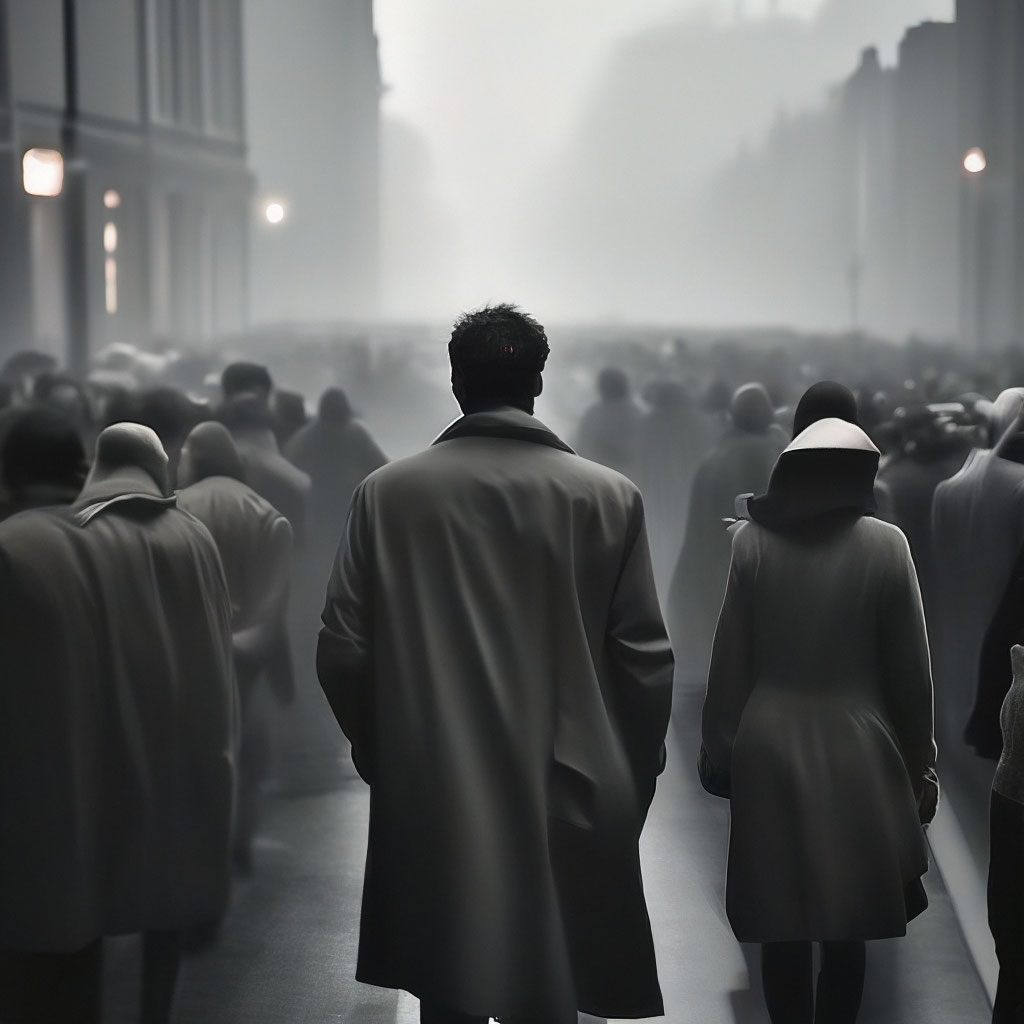 "A man goes against the crowd, loneliness in the crowd, street, rush ...