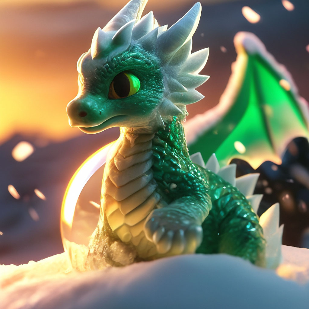 "Realistic emerald fluffy dragon in a snow globe" — image created in ...