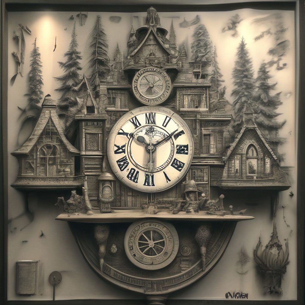 "Triptych. drawing details. realistic, expensive. a full-size cuckoo ...