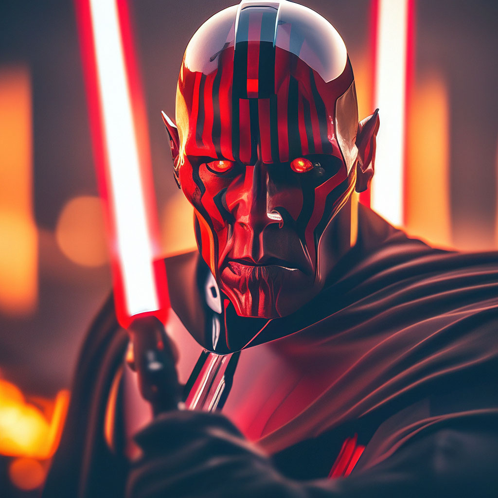 "Darth Bane from STAR WARS: red lightsaber, fiery soulless eyes, close ...