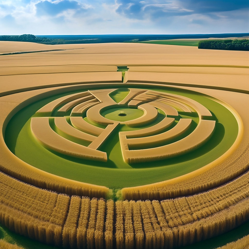 "Crop circles, intricate fractal patterns on a wheat field ...