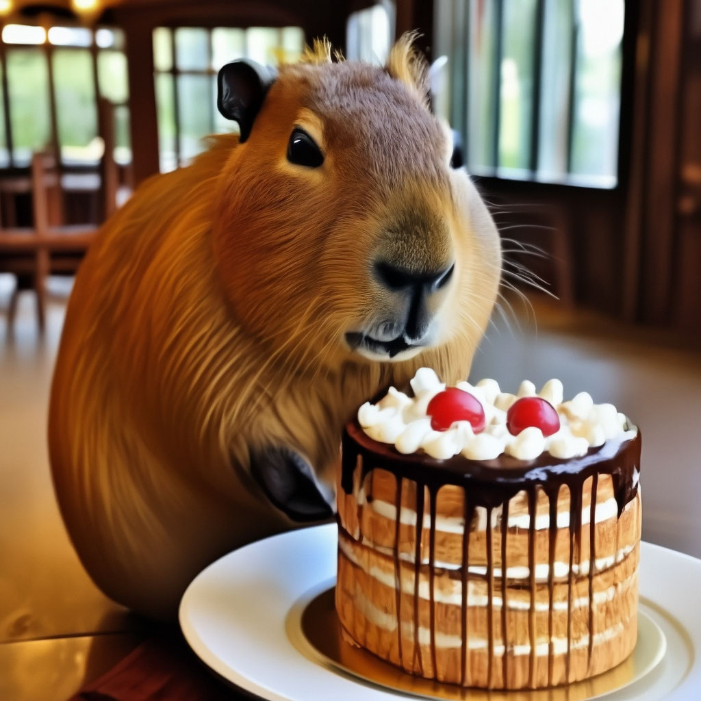 "Capybara eats cake" — image created in Shedevrum