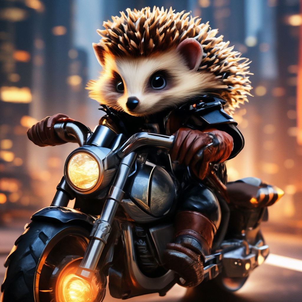 "Hedgehog rocker on a motorcycle" — image created in Shedevrum