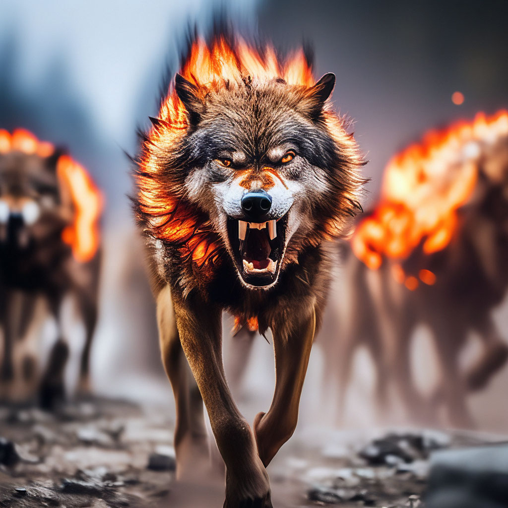 "Scary angry wild fire wolves" — image created in Shedevrum