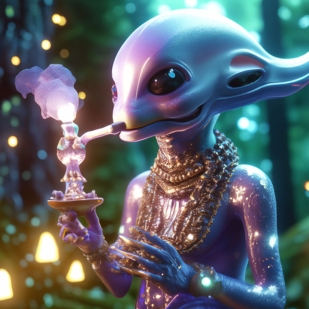 "Alien with hookah, all made of artificial fur,crystal sparks ...