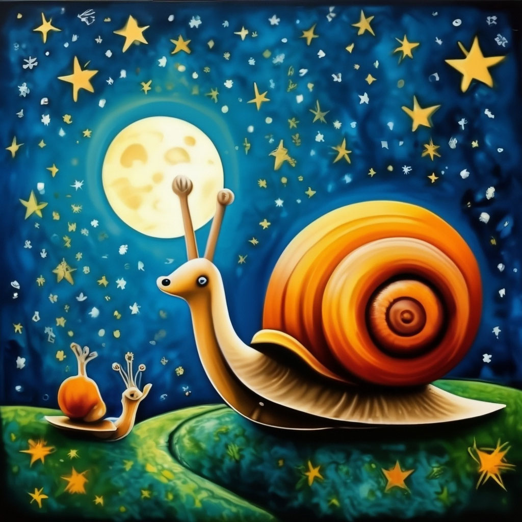 "Big snail and little snail, moon, illustration for a fairy tale, naiv ...