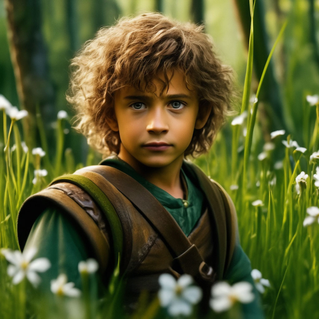"Real photo, stylize 1000; flower hobbit stands in a fabulous forest ...