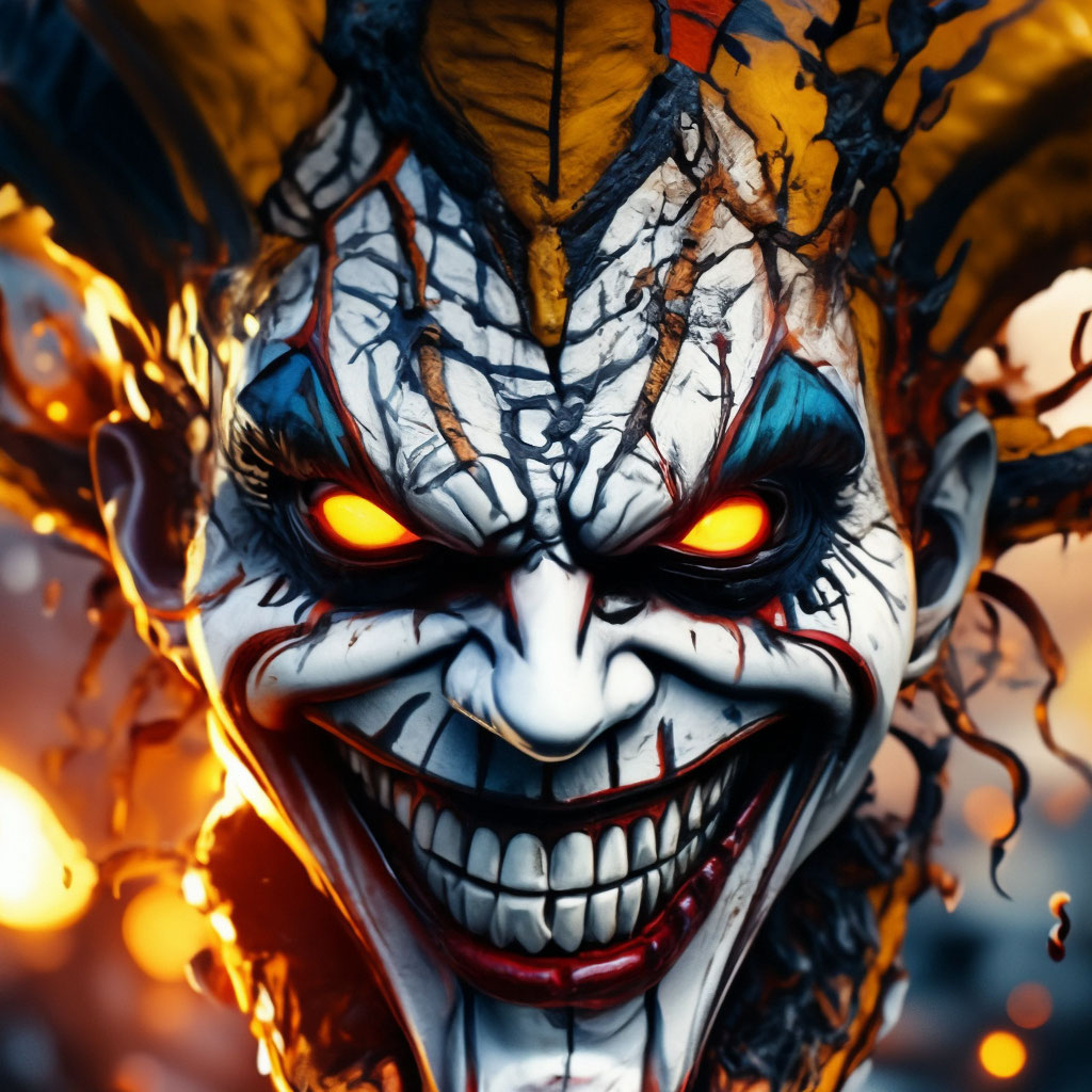 "The face of an evil jester, cracks on the face, burning eyes, horror ...