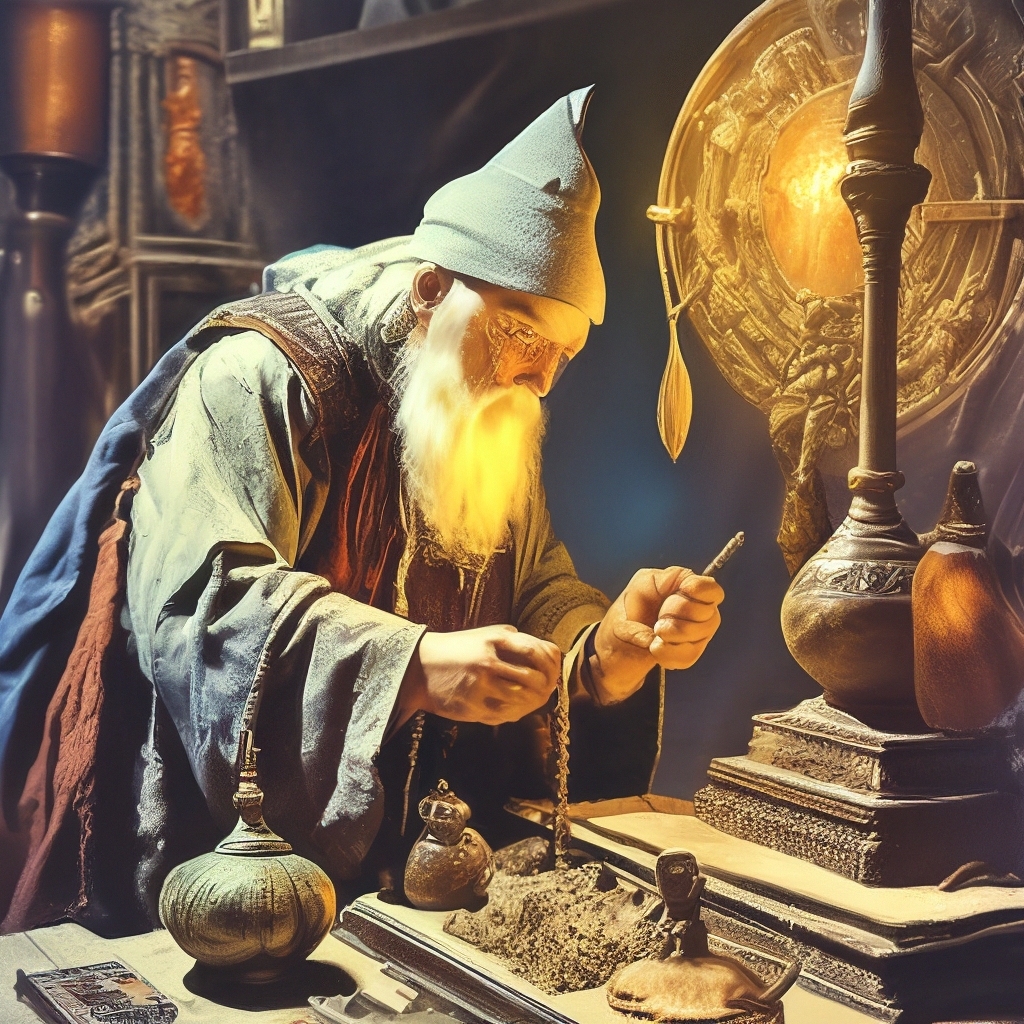 "An elderly wizard is studying an artifact. fantasy. hyperdetalization ...