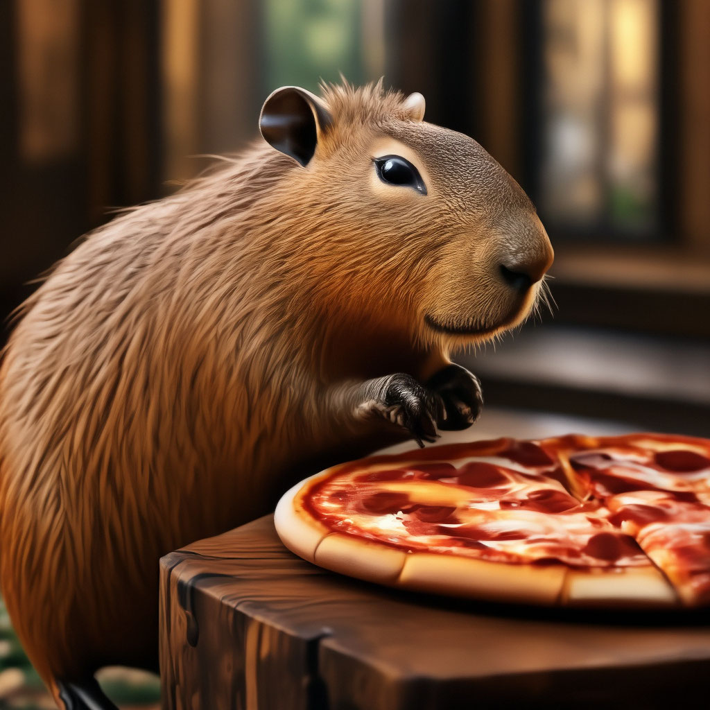 "Capybara eats pizza" — image created in Shedevrum