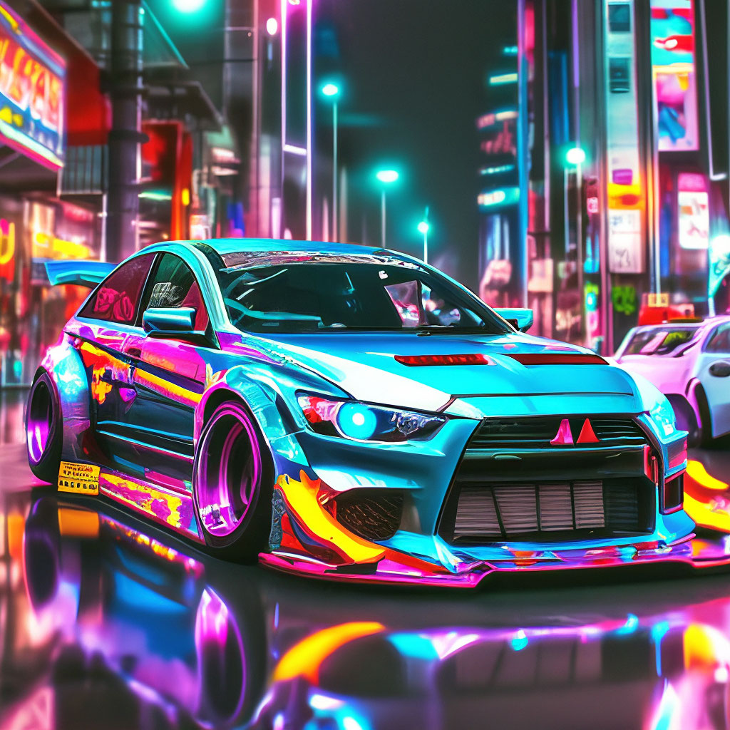 "Neon mitsubishi lancer 10 JDM" — image created in Shedevrum