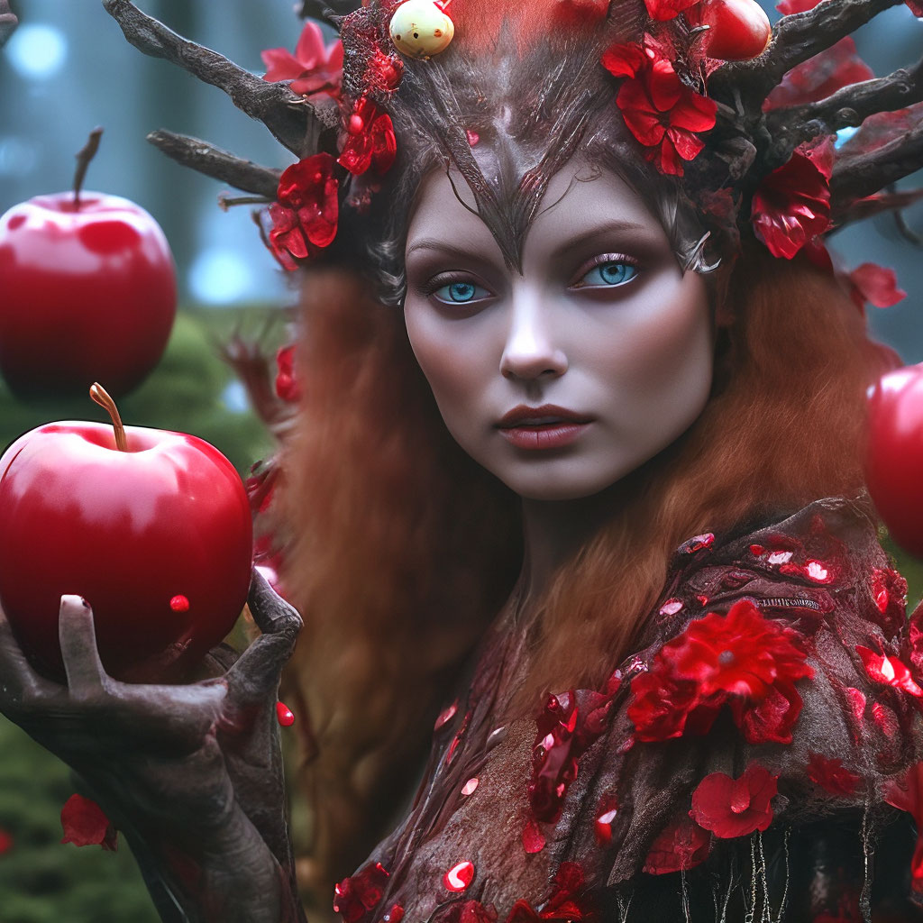 "Symbiosis of red apples and forest fairy,hybrid dark, horror ...