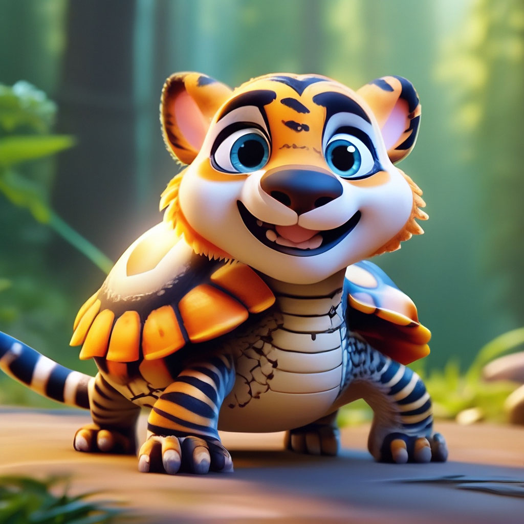"Cute tiger+turtle hybrid, pixar" — image created in Shedevrum