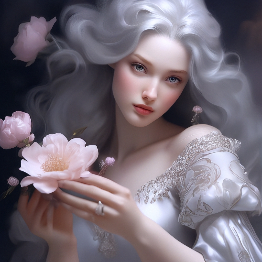 "A gentle beautiful girl is reaching for a flower. Gray expressive eyes ...