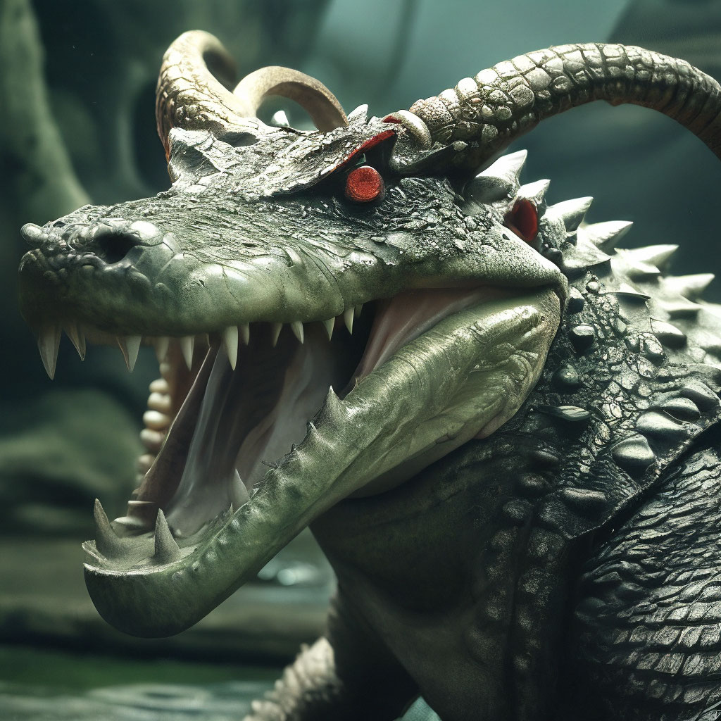 "Anthropomorphic crocodile-demon, horns, high quality, detail, realism ...