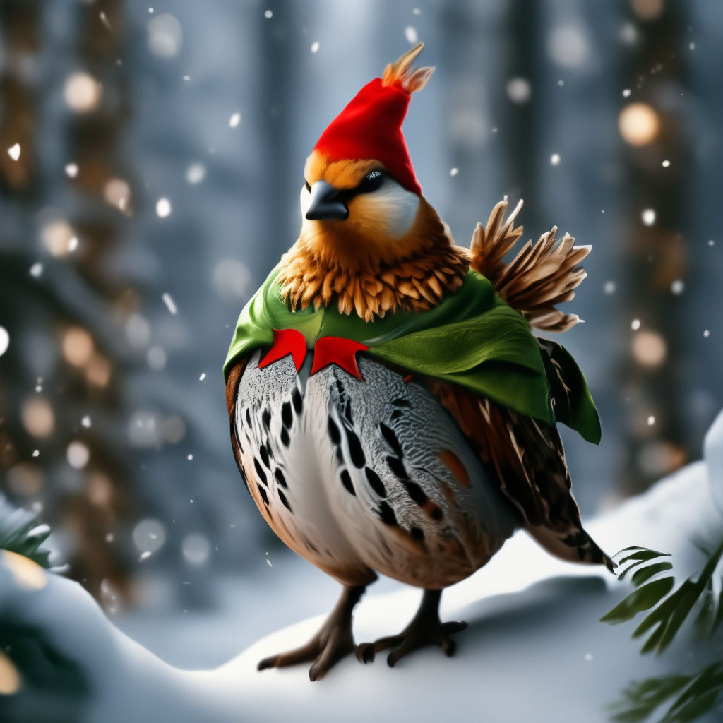 "A partridge in a Robin Hood costume walks through the winter forest ...