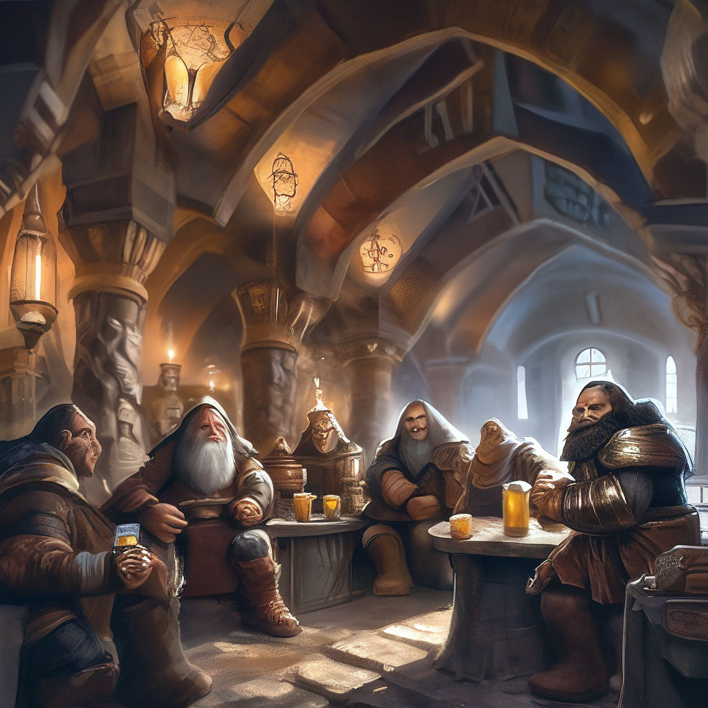 "Dwarves drink dwarven dark beer in a tavern, vaulted ceiling columns ...