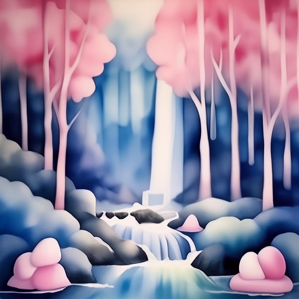 "Marshmallow waterfall in the forest pink-white-blue watercolor ...