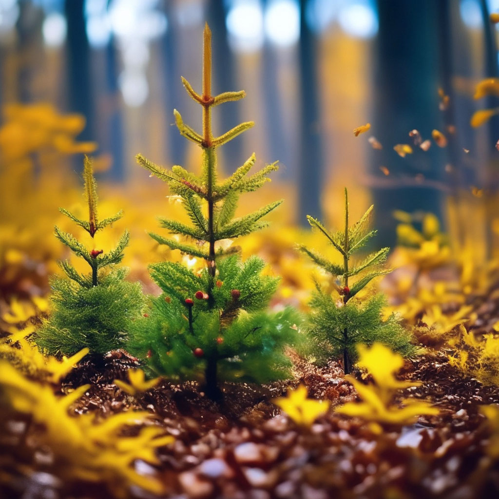 "Small Christmas trees in a deciduous autumn forest,against a ...