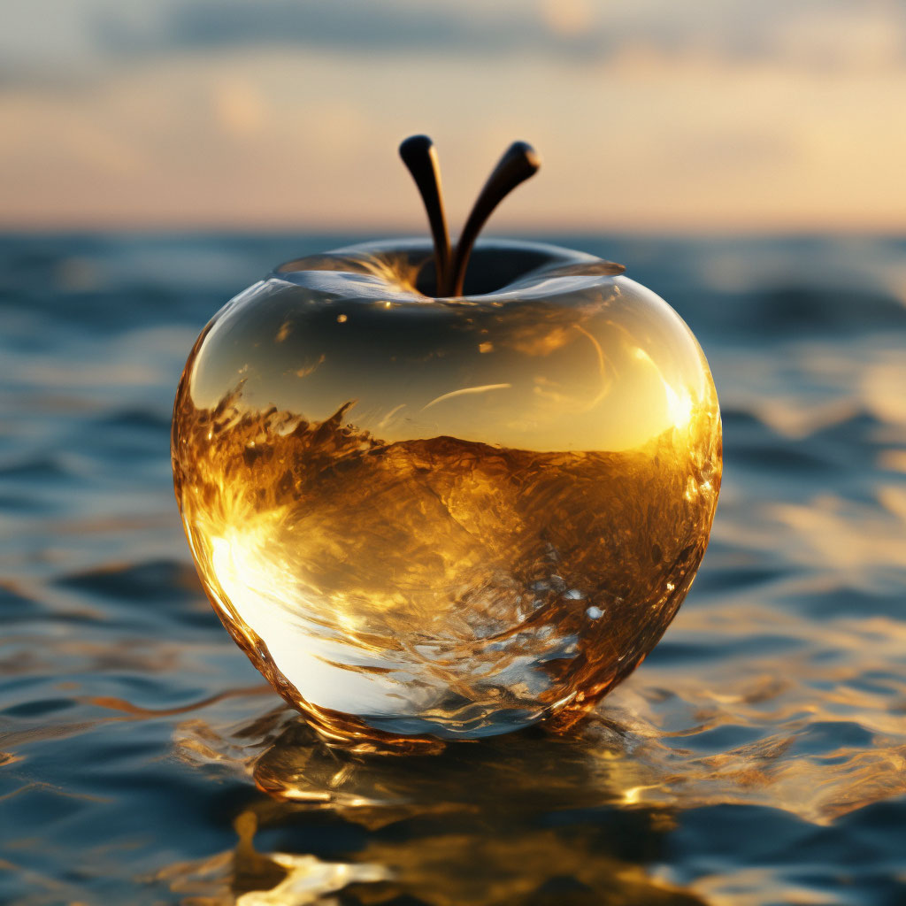 "An epic crystal golden apple stands on the ocean" — image created in ...