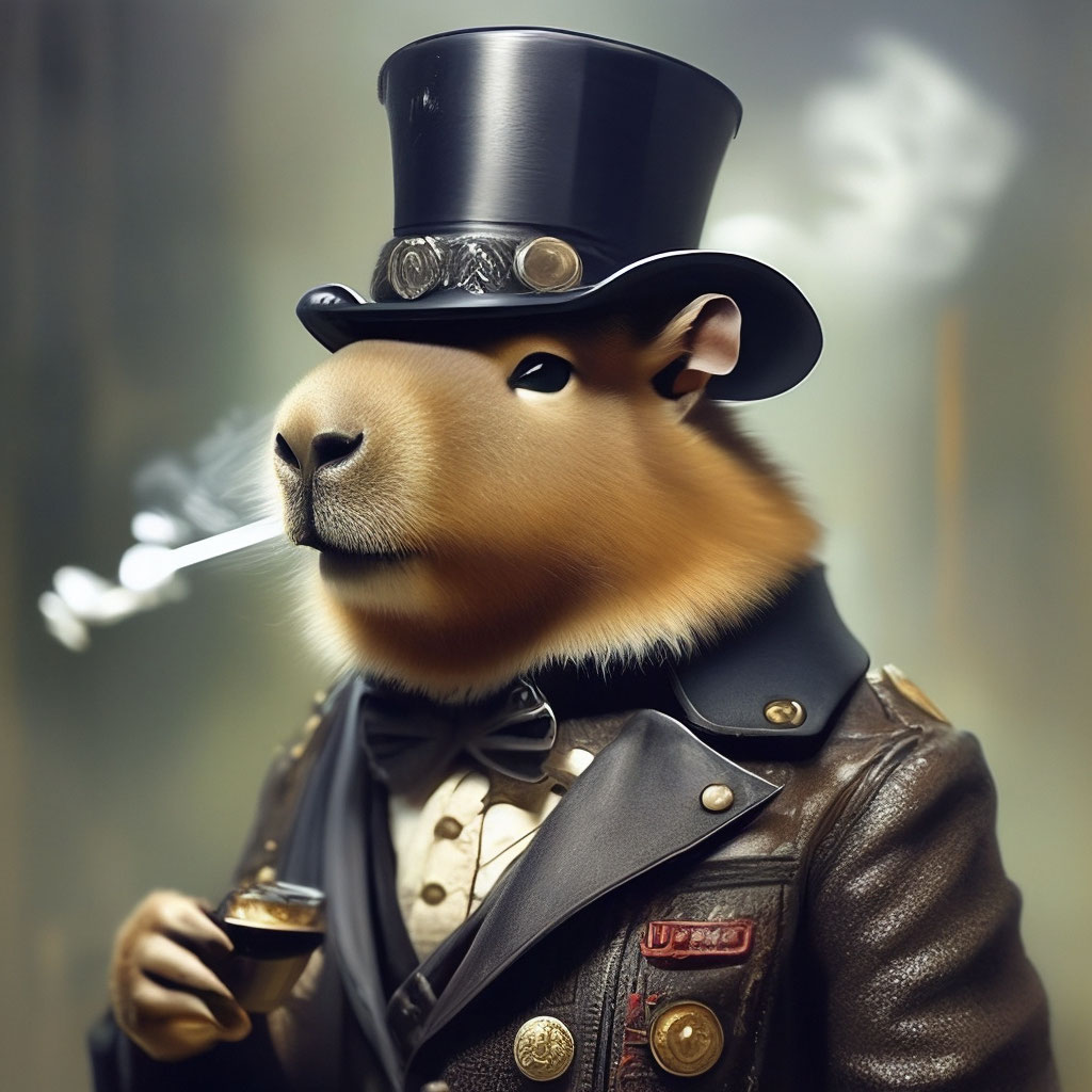 "A capybara in a black top hat and jacket. Capybara smoking a pipe ...