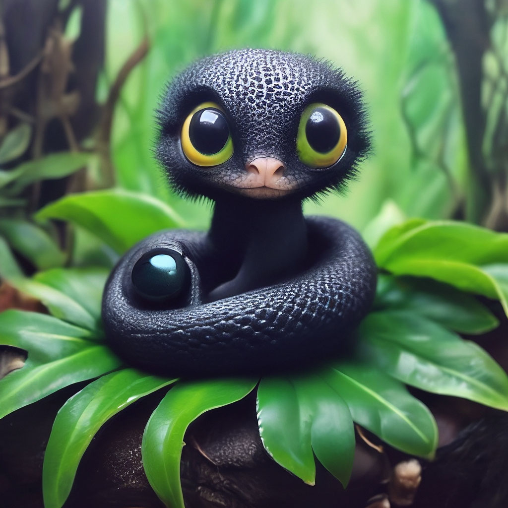 "🐍🐍🐍 a creepy fluffy black snake with big eyes sits on a green leaf ...