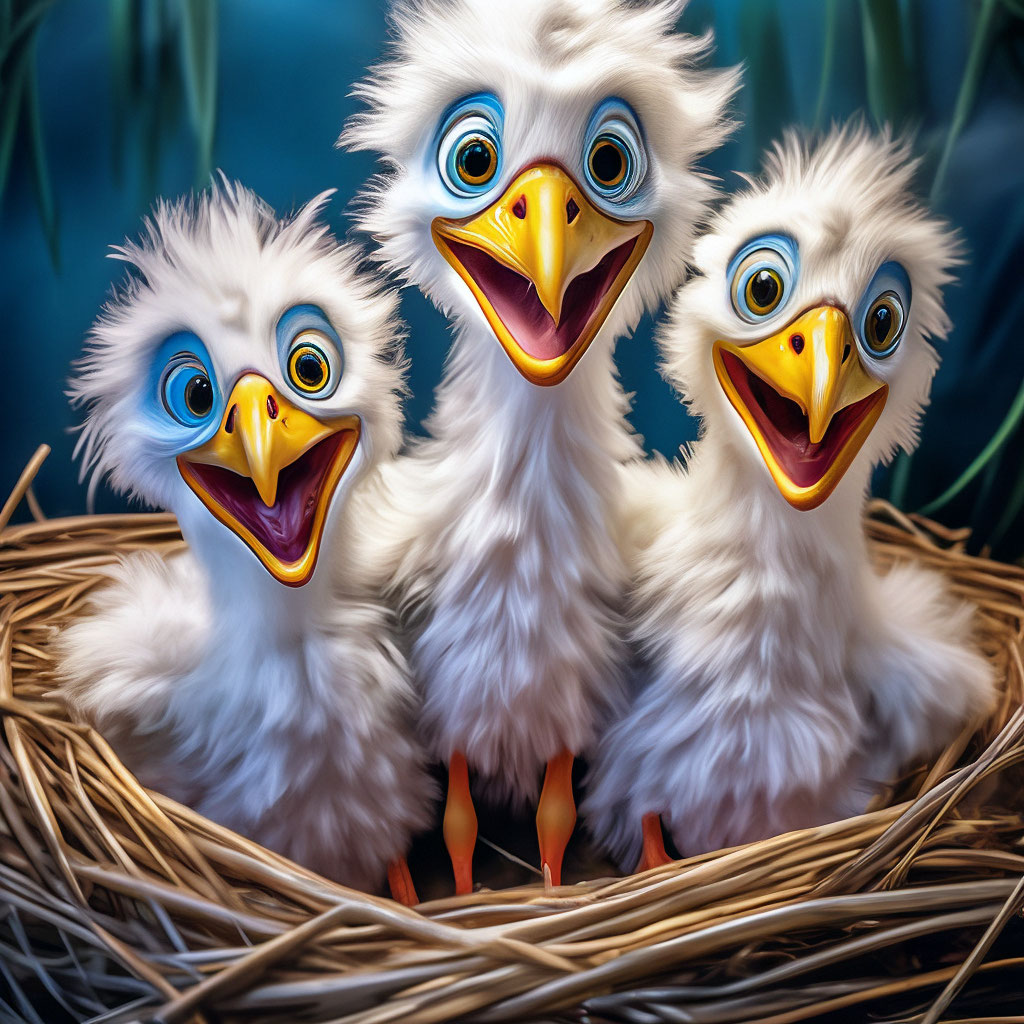 "Three fluffy funny bug-eyed stork chicks, sitting in a large nest ...