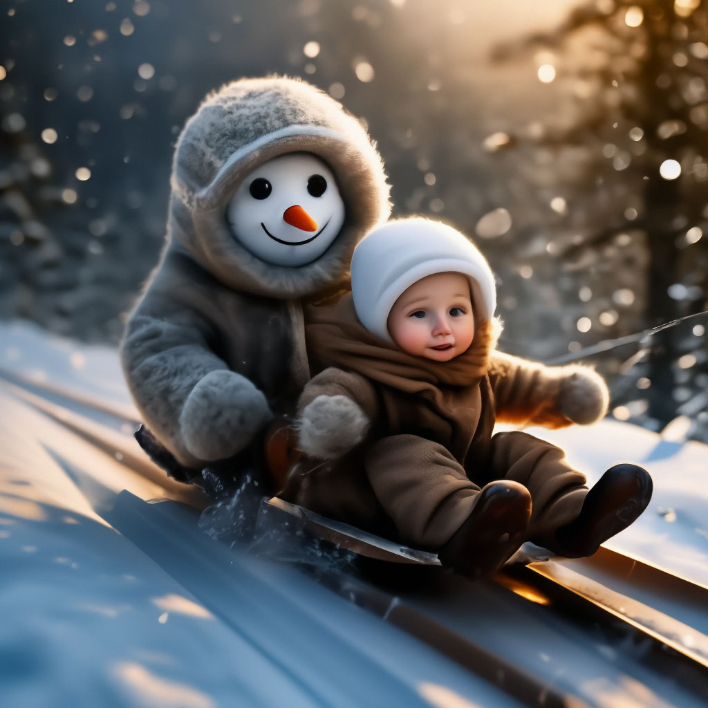 "Fantasy, a newborn snowman and a baby are racing down a slide on a ...