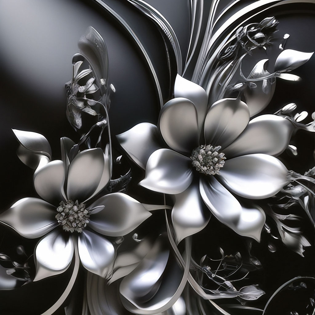 "Abstraction, silver flowers on a black background, beautiful ...