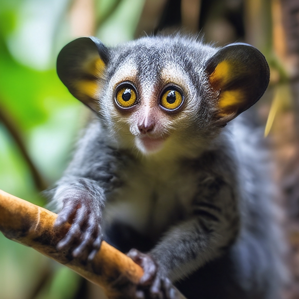 "A primate with an extremely thin middle finger, yellow eyes, large ...