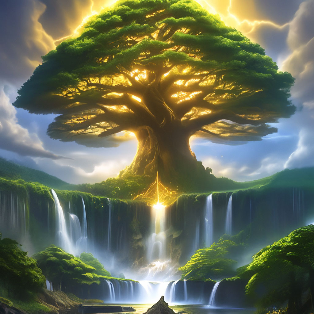"The world tree, lots of greenery, water, waterfalls, rivers, clouds ...
