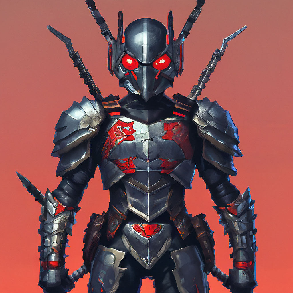 "A man in black armor, with the head of an ant, swords in place of ...