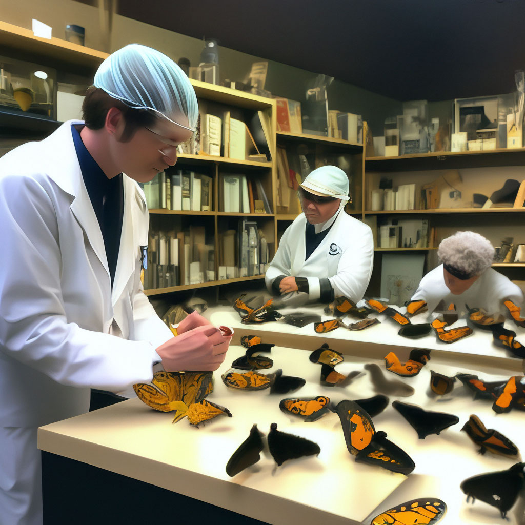 "Entomologists work with the collection" — image created in Shedevrum