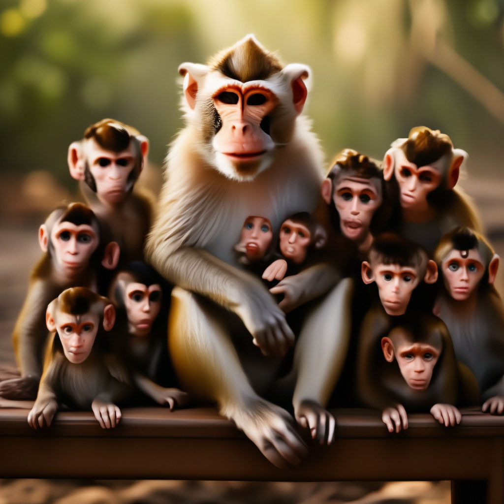 "Mama monkey is sitting on a bench, and next to her 10 little monkeys ...