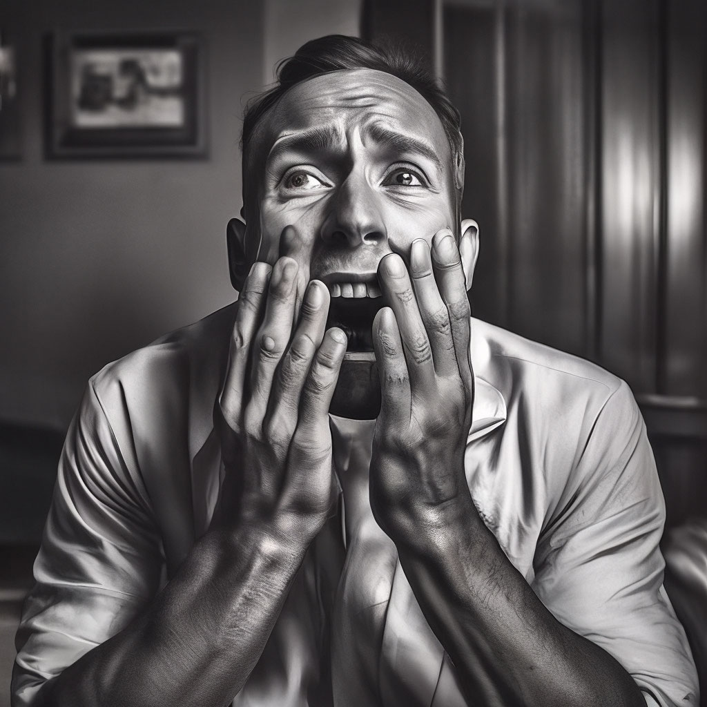 "A man who is in utter shock covering his mouth with his hands" — image ...