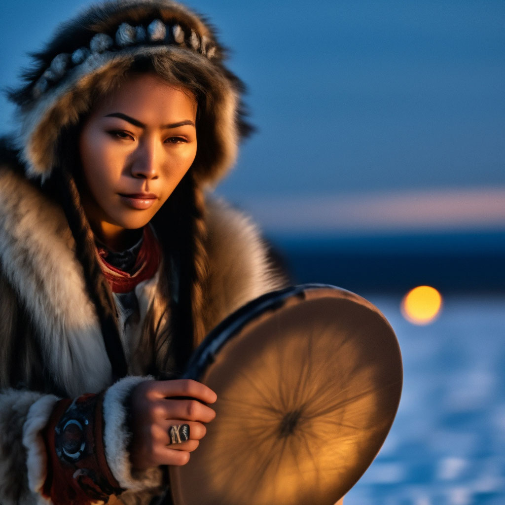 "1024 k, picturesque panorama of the night tundra, a beautiful shaman ...