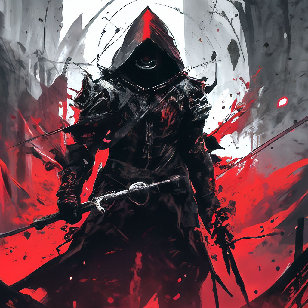 "Archer, sci-fi style, ink, darkness, splashes of red, splashes of ...