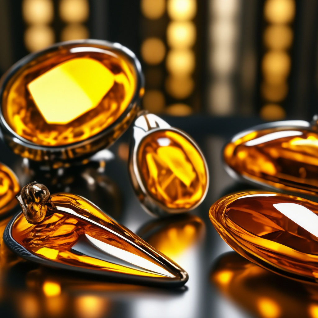 "Elegant display of amber jewelry, hyper realism, clarity, bright color ...