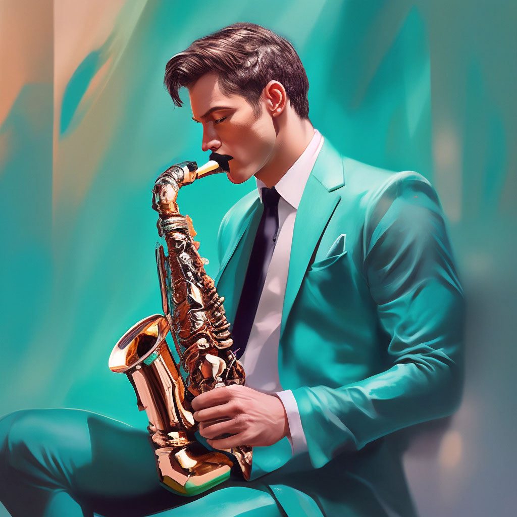 "A handsome brunette with white skin in a turquoise suit plays the ...