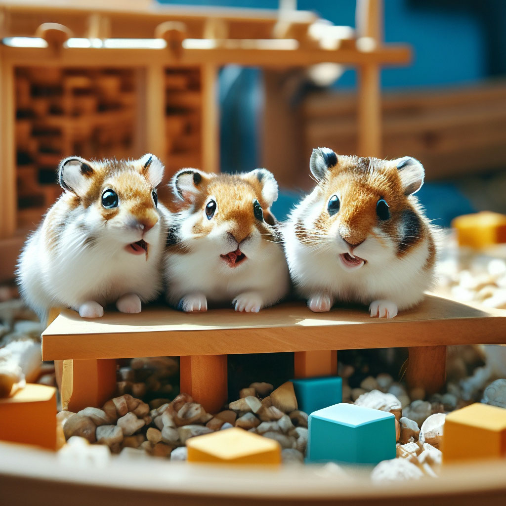 "Hamsters playing in a white cage riding in a wheel running on planks ...