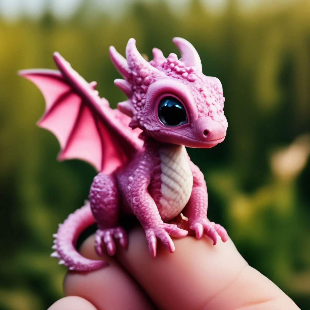 "A cute little pink dragon with shiny little wings, sitting on the tip ...