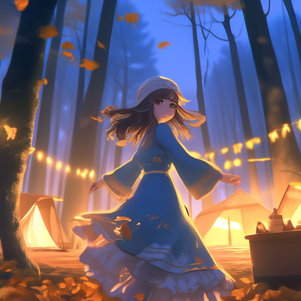 "Cute anime chan in a gypsy dress dancing against the background of a ...