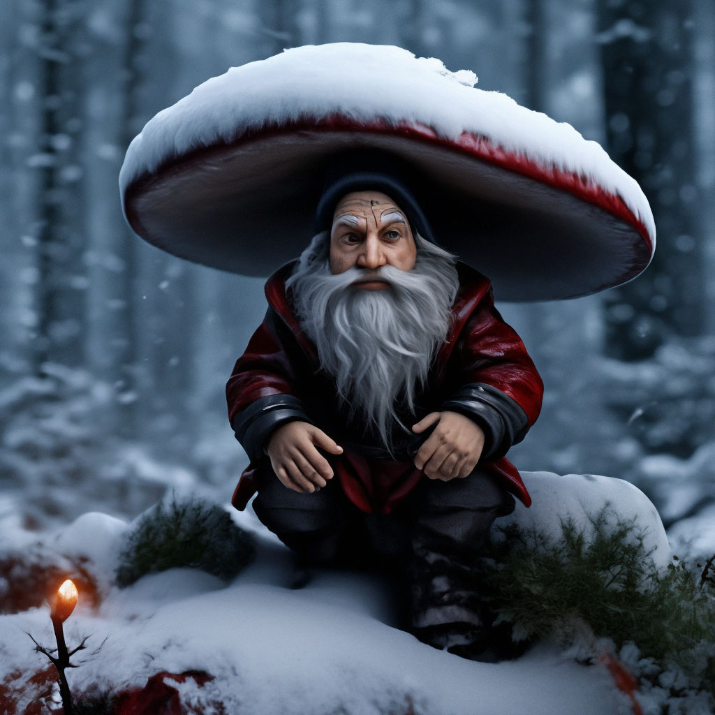 "Fabulous realistic gnome sitting on a large snow-covered mushroom ...